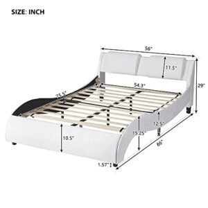 BIADNBZ Full Size Wavy Platform Bed with Adjustable LED Light, Modern Upholstered Faux Leather Bedframe for Kids, Wooden Slats Support, No Box Spring Needed, White