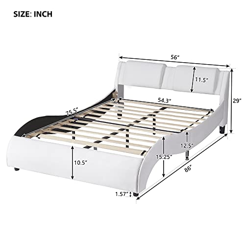 BIADNBZ Full Size Wavy Platform Bed with Adjustable LED Light, Modern Upholstered Faux Leather Bedframe for Kids, Wooden Slats Support, No Box Spring Needed, White