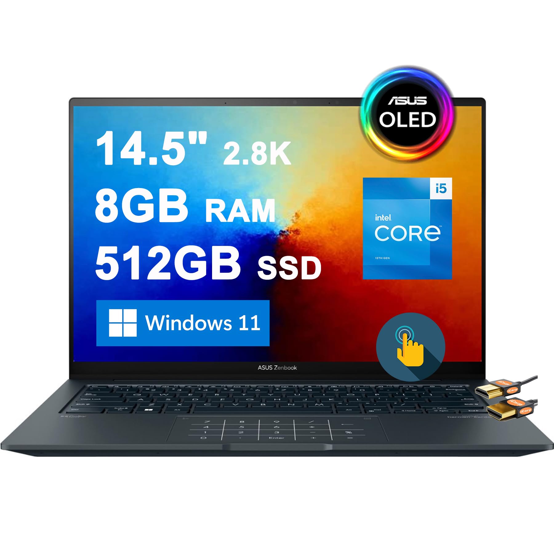 Asus Zenbook 14X OLED Business Laptop 14.5" 2.8K 120Hz Touchscreen 550nits 100% DCI-P3 Glossy 13th Gen Intel 12-core i5-13500H >i7-12700H 8GB RAM 512GB SSD Backlit Thunderbolt Win11 Gray + HDMI Cable