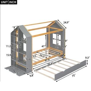 Merax Twin Size House Platform Bed with Storage Shelves, Wooden Bed Frame with Trundle, Grey