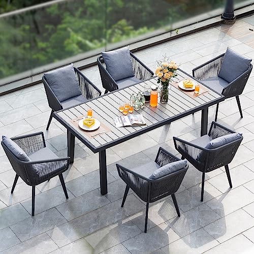 Astomi 7 Pieces Outdoor Dining Set: All-Weather Wicker Outdoor Patio Furniture with Table All Aluminum Frame for Lawn Garden Backyard Deck Patio Dining Set with Cushions