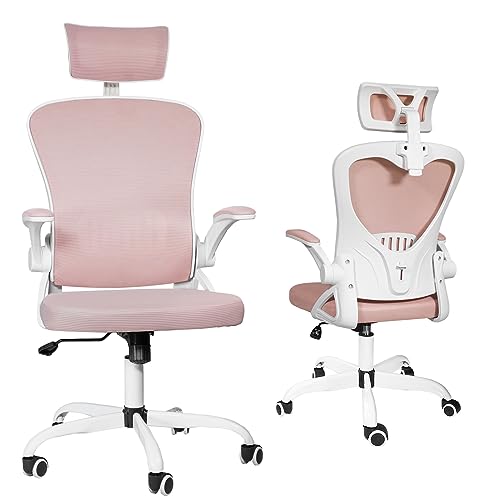 Mimager High Back Office Chair, Mesh Office Chair with Lumbar Support, Desk Chairs with Wheels, Adjustable Headrest, Task Chair Flip-Up Arms, Executive Office Chair for Home, Pink