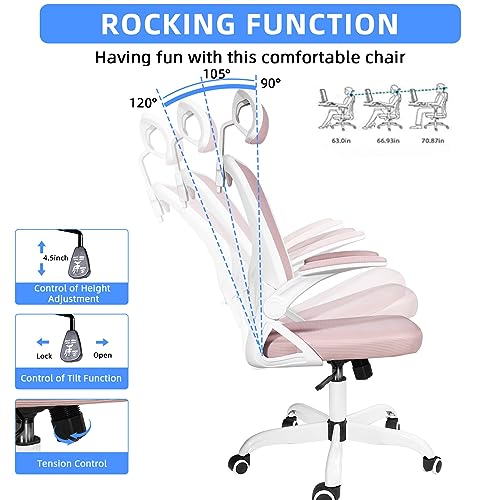 Mimager High Back Office Chair, Mesh Office Chair with Lumbar Support, Desk Chairs with Wheels, Adjustable Headrest, Task Chair Flip-Up Arms, Executive Office Chair for Home, Pink