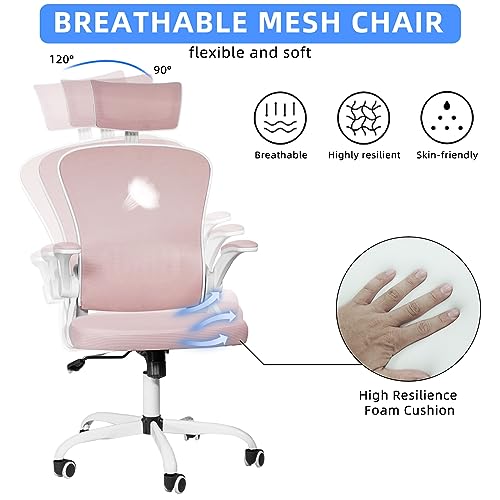 Mimager High Back Office Chair, Mesh Office Chair with Lumbar Support, Desk Chairs with Wheels, Adjustable Headrest, Task Chair Flip-Up Arms, Executive Office Chair for Home, Pink