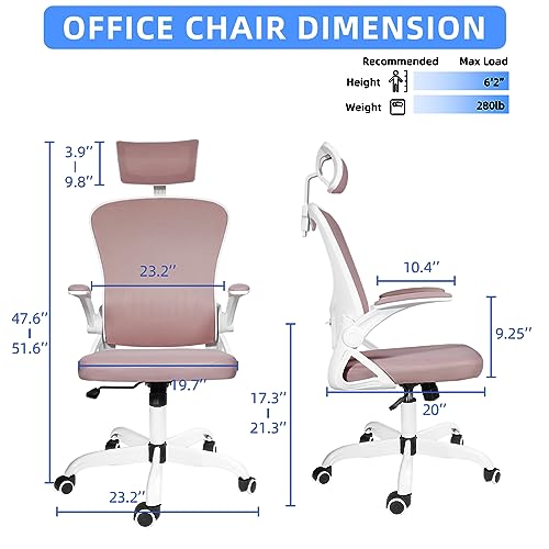 Mimager High Back Office Chair, Mesh Office Chair with Lumbar Support, Desk Chairs with Wheels, Adjustable Headrest, Task Chair Flip-Up Arms, Executive Office Chair for Home, Pink