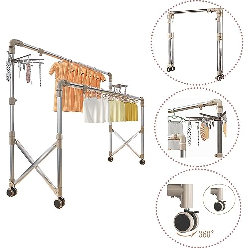 Foldable Stainless Steel Drying Rack Clothing, Retractable Collapsible Drying Rack Clothing, Double Pole Drying Rack, Space-Saving Laundry Rack, For Clothes, Towels, Indoor/Outdoor, With Castors ( Col