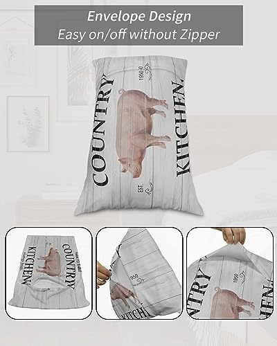 Edwiinsa Farmhouse Pig Pillow Covers King Standard Set of 2 20x36 Bed Pillow, Farm Animals Rustic Oil Painting Wooden Plush Soft Comfort for Hair/Skin Cooling Pillowcases with Envelop Closure