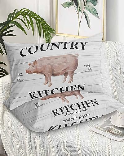 Edwiinsa Farmhouse Pig Pillow Covers King Standard Set of 2 20x36 Bed Pillow, Farm Animals Rustic Oil Painting Wooden Plush Soft Comfort for Hair/Skin Cooling Pillowcases with Envelop Closure