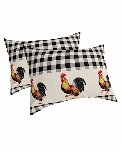 Edwiinsa Farm Rooster Pillow Covers Standard Size Set of 2 20x26 Bed Pillow, Farmhouse Animals Rustic Black White Plaid Plush Soft Comfort for Hair/Skin Cooling Pillowcases with Envelop Closure