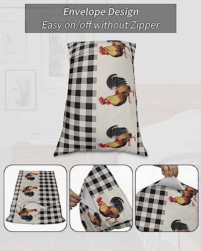 Edwiinsa Farm Rooster Pillow Covers Standard Size Set of 2 20x26 Bed Pillow, Farmhouse Animals Rustic Black White Plaid Plush Soft Comfort for Hair/Skin Cooling Pillowcases with Envelop Closure