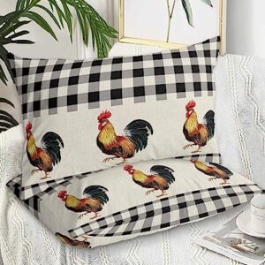 Edwiinsa Farm Rooster Pillow Covers Standard Size Set of 2 20x26 Bed Pillow, Farmhouse Animals Rustic Black White Plaid Plush Soft Comfort for Hair/Skin Cooling Pillowcases with Envelop Closure