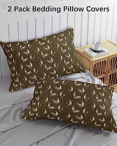 Edwiinsa Farmhouse Rooster Pillow Covers Standard Size Set of 2 20x26 Bed Pillow, Rustic Farm Animals Filling Brown Plush Soft Comfort for Hair/Skin Cooling Pillowcases with Envelop Closure