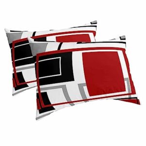 Edwiinsa Red Gray Black Geometric Pillow Covers King Standard Set of 2 20x36 Bed Pillow, Modern Abstract Art Aesthetics Plush Soft Comfort for Hair/Skin Cooling Pillowcases with Envelop Closure