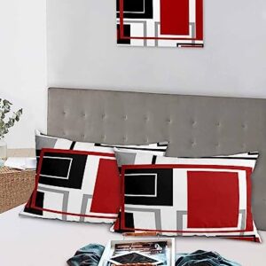 Edwiinsa Red Gray Black Geometric Pillow Covers King Standard Set of 2 20x36 Bed Pillow, Modern Abstract Art Aesthetics Plush Soft Comfort for Hair/Skin Cooling Pillowcases with Envelop Closure