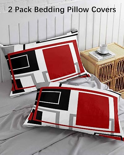 Edwiinsa Red Gray Black Geometric Pillow Covers King Standard Set of 2 20x36 Bed Pillow, Modern Abstract Art Aesthetics Plush Soft Comfort for Hair/Skin Cooling Pillowcases with Envelop Closure