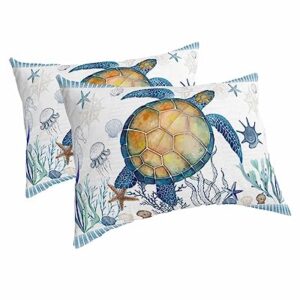 Edwiinsa Ocean Turtle Pillow Covers Standard Size Set of 2 20x26 Bed Pillow, Beach Nautical Coastal Blue Starfish Shell Coral Plush Soft Comfort for Hair/Skin Cooling Pillowcases with Envelop Closure