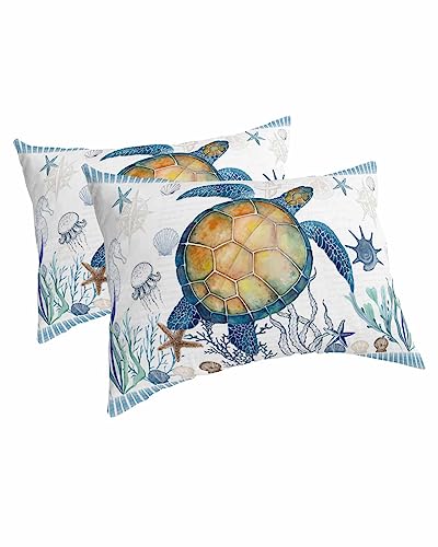 Edwiinsa Ocean Turtle Pillow Covers Standard Size Set of 2 20x26 Bed Pillow, Beach Nautical Coastal Blue Starfish Shell Coral Plush Soft Comfort for Hair/Skin Cooling Pillowcases with Envelop Closure