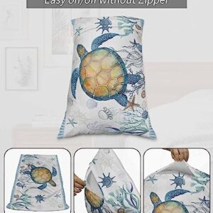 Edwiinsa Ocean Turtle Pillow Covers Standard Size Set of 2 20x26 Bed Pillow, Beach Nautical Coastal Blue Starfish Shell Coral Plush Soft Comfort for Hair/Skin Cooling Pillowcases with Envelop Closure