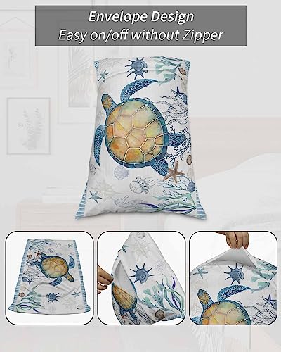 Edwiinsa Ocean Turtle Pillow Covers Standard Size Set of 2 20x26 Bed Pillow, Beach Nautical Coastal Blue Starfish Shell Coral Plush Soft Comfort for Hair/Skin Cooling Pillowcases with Envelop Closure