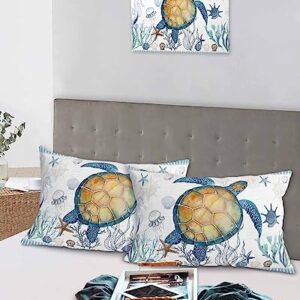 Edwiinsa Ocean Turtle Pillow Covers Standard Size Set of 2 20x26 Bed Pillow, Beach Nautical Coastal Blue Starfish Shell Coral Plush Soft Comfort for Hair/Skin Cooling Pillowcases with Envelop Closure