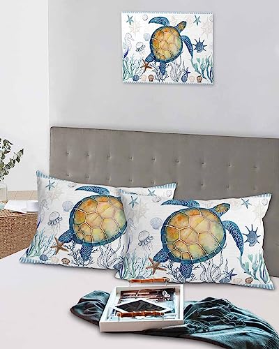 Edwiinsa Ocean Turtle Pillow Covers Standard Size Set of 2 20x26 Bed Pillow, Beach Nautical Coastal Blue Starfish Shell Coral Plush Soft Comfort for Hair/Skin Cooling Pillowcases with Envelop Closure