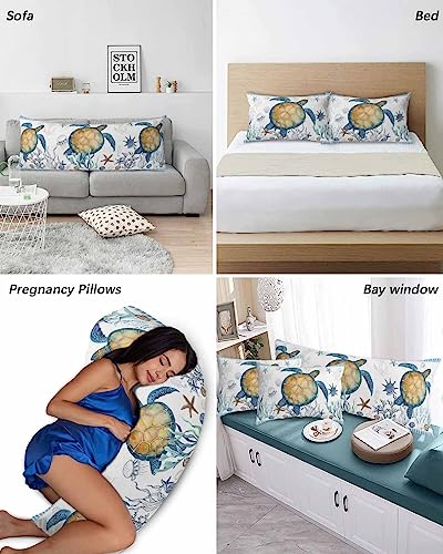 Edwiinsa Ocean Turtle Pillow Covers Standard Size Set of 2 20x26 Bed Pillow, Beach Nautical Coastal Blue Starfish Shell Coral Plush Soft Comfort for Hair/Skin Cooling Pillowcases with Envelop Closure