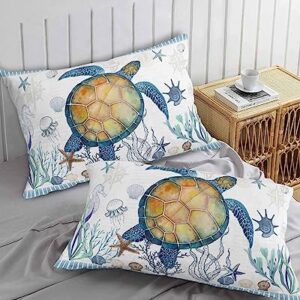 Edwiinsa Ocean Turtle Pillow Covers Standard Size Set of 2 20x26 Bed Pillow, Beach Nautical Coastal Blue Starfish Shell Coral Plush Soft Comfort for Hair/Skin Cooling Pillowcases with Envelop Closure