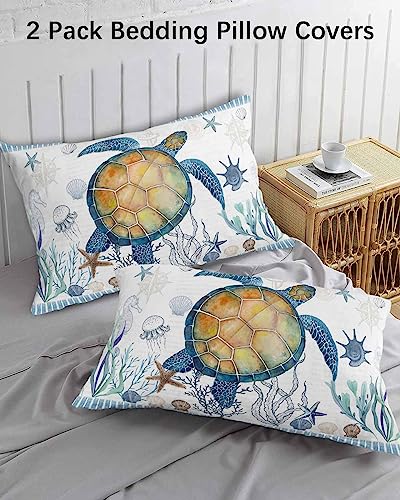 Edwiinsa Ocean Turtle Pillow Covers Standard Size Set of 2 20x26 Bed Pillow, Beach Nautical Coastal Blue Starfish Shell Coral Plush Soft Comfort for Hair/Skin Cooling Pillowcases with Envelop Closure