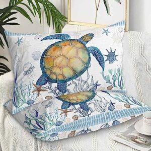 Edwiinsa Ocean Turtle Pillow Covers Standard Size Set of 2 20x26 Bed Pillow, Beach Nautical Coastal Blue Starfish Shell Coral Plush Soft Comfort for Hair/Skin Cooling Pillowcases with Envelop Closure