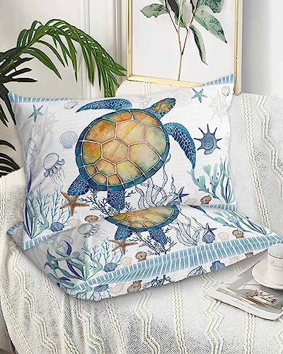 Edwiinsa Ocean Turtle Pillow Covers Standard Size Set of 2 20x26 Bed Pillow, Beach Nautical Coastal Blue Starfish Shell Coral Plush Soft Comfort for Hair/Skin Cooling Pillowcases with Envelop Closure