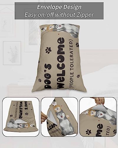 Edwiinsa Dog's Welcome Pillow Covers Standard Size Set of 2 20x26 Bed Pillow, Black Paws Farmhouse Beige Plush Soft Comfort for Hair/Skin Cooling Pillowcases with Envelop Closure