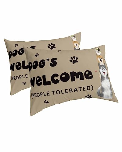 Edwiinsa Dog's Welcome Pillow Covers Standard Size Set of 2 20x26 Bed Pillow, Black Paws Farmhouse Beige Plush Soft Comfort for Hair/Skin Cooling Pillowcases with Envelop Closure