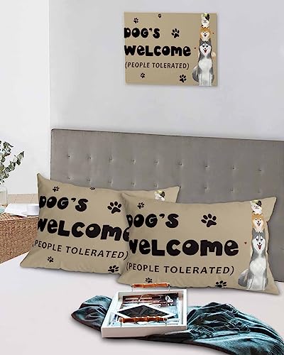 Edwiinsa Dog's Welcome Pillow Covers Standard Size Set of 2 20x26 Bed Pillow, Black Paws Farmhouse Beige Plush Soft Comfort for Hair/Skin Cooling Pillowcases with Envelop Closure