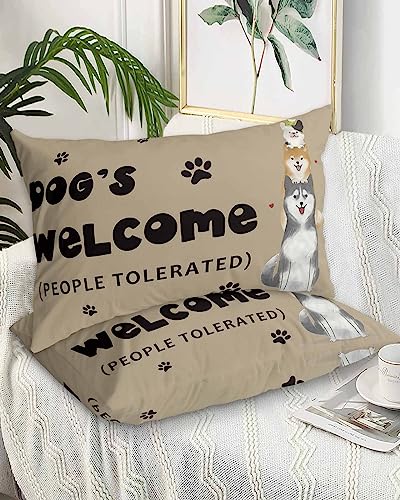 Edwiinsa Dog's Welcome Pillow Covers Standard Size Set of 2 20x26 Bed Pillow, Black Paws Farmhouse Beige Plush Soft Comfort for Hair/Skin Cooling Pillowcases with Envelop Closure