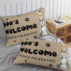 Edwiinsa Dog's Welcome Pillow Covers Standard Size Set of 2 20x26 Bed Pillow, Black Paws Farmhouse Beige Plush Soft Comfort for Hair/Skin Cooling Pillowcases with Envelop Closure