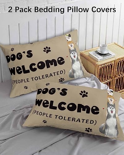 Edwiinsa Dog's Welcome Pillow Covers Standard Size Set of 2 20x26 Bed Pillow, Black Paws Farmhouse Beige Plush Soft Comfort for Hair/Skin Cooling Pillowcases with Envelop Closure