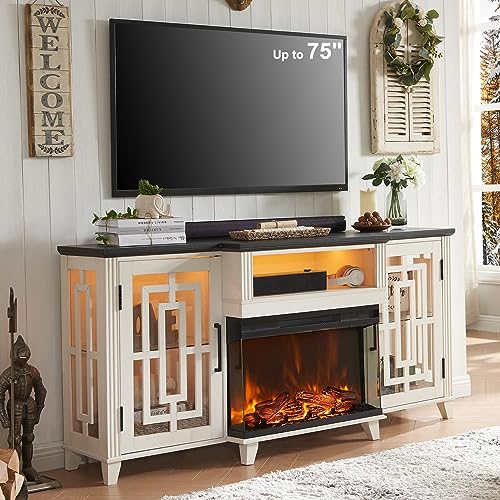 JXQTLINGMU 3-Sided Glass Fireplace TV Stand for 75 Inch TV w/LED Light, Farmhouse Highboy Entertainment Center w/26in Electric Fireplace, Large Media Console w/2 Storage Cabinet for Living Room, White