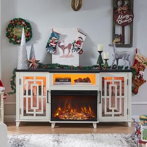 JXQTLINGMU 3-Sided Glass Fireplace TV Stand for 75 Inch TV w/LED Light, Farmhouse Highboy Entertainment Center w/26in Electric Fireplace, Large Media Console w/2 Storage Cabinet for Living Room, White