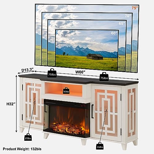 JXQTLINGMU 3-Sided Glass Fireplace TV Stand for 75 Inch TV w/LED Light, Farmhouse Highboy Entertainment Center w/26in Electric Fireplace, Large Media Console w/2 Storage Cabinet for Living Room, White