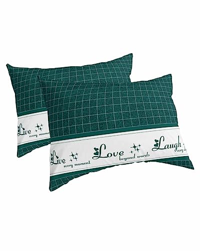 Edwiinsa Teal Plaid Pillow Covers Standard Size Set of 2 20x26 Bed Pillow, Turquoise Rustic White Live Love Laugh Plush Soft Comfort for Hair/Skin Cooling Pillowcases with Envelop Closure