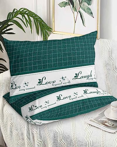 Edwiinsa Teal Plaid Pillow Covers Standard Size Set of 2 20x26 Bed Pillow, Turquoise Rustic White Live Love Laugh Plush Soft Comfort for Hair/Skin Cooling Pillowcases with Envelop Closure