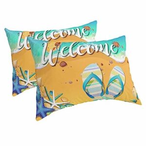 Edwiinsa Beach Pillow Covers Standard Size Set of 2 20x26 Bed Pillow, Summer Ocean Starfish Seashells Slippers Blue Sea Plush Soft Comfort for Hair/Skin Cooling Pillowcases with Envelop Closure