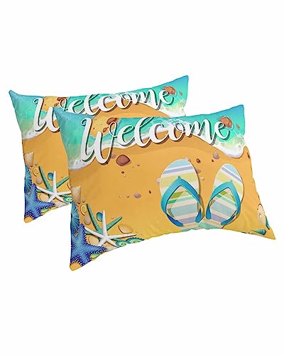 Edwiinsa Beach Pillow Covers Standard Size Set of 2 20x26 Bed Pillow, Summer Ocean Starfish Seashells Slippers Blue Sea Plush Soft Comfort for Hair/Skin Cooling Pillowcases with Envelop Closure