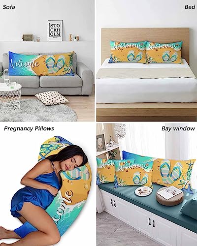 Edwiinsa Beach Pillow Covers Standard Size Set of 2 20x26 Bed Pillow, Summer Ocean Starfish Seashells Slippers Blue Sea Plush Soft Comfort for Hair/Skin Cooling Pillowcases with Envelop Closure