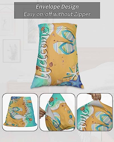 Edwiinsa Beach Pillow Covers Standard Size Set of 2 20x26 Bed Pillow, Summer Ocean Starfish Seashells Slippers Blue Sea Plush Soft Comfort for Hair/Skin Cooling Pillowcases with Envelop Closure