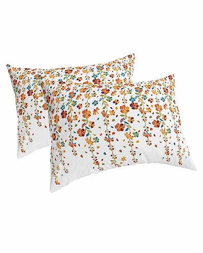 Edwiinsa Weeping Flowers Pillow Covers Standard Size Set of 2 20x26 Bed Pillow, Red Yellow Teal Spring Floral Botanical Art Plush Soft Comfort for Hair/Skin Cooling Pillowcases with Envelop Closure