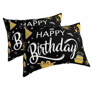 Edwiinsa Happy Birthday Pillow Covers Standard Size Set of 2 20x26 Bed Pillow, Yellow Cake Birthday Gifts Balloon Black Plush Soft Comfort for Hair/Skin Cooling Pillowcases with Envelop Closure