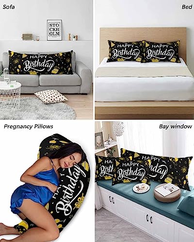 Edwiinsa Happy Birthday Pillow Covers Standard Size Set of 2 20x26 Bed Pillow, Yellow Cake Birthday Gifts Balloon Black Plush Soft Comfort for Hair/Skin Cooling Pillowcases with Envelop Closure