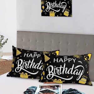 Edwiinsa Happy Birthday Pillow Covers Standard Size Set of 2 20x26 Bed Pillow, Yellow Cake Birthday Gifts Balloon Black Plush Soft Comfort for Hair/Skin Cooling Pillowcases with Envelop Closure