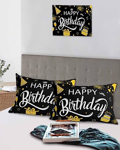 Edwiinsa Happy Birthday Pillow Covers Standard Size Set of 2 20x26 Bed Pillow, Yellow Cake Birthday Gifts Balloon Black Plush Soft Comfort for Hair/Skin Cooling Pillowcases with Envelop Closure